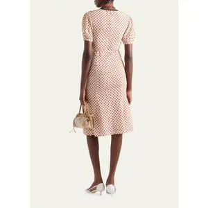 Prada Polka-dot Silk Puff-sleeve Midi Dress