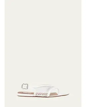 Alaïa Fishnet Patent Leather Flat Thong Sandals - Blanc