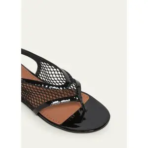 Alaïa Fishnet Patent Leather Flat Thong Sandals - Noir