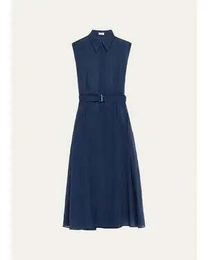 Brunello Cucinelli Sleeveless Sheer Cotton Organza Belted Midi Shirtdress - Navy