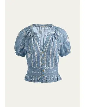 Alice + Olivia Kathryn Embroidered Short-sleeve Blouse - Deep Blue