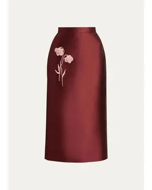 Erdem Floral Embroidered Mikado Silk Midi Skirt - Bordeaux