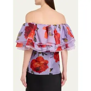 Carolina Herrera Rose Chiffon Off-the-shoulder Ruffle Top