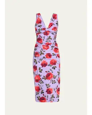 Carolina Herrera Rose-print Gathered Silk Sleeveless Dress