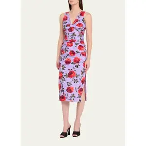 Carolina Herrera Rose-print Gathered Silk Sleeveless Dress