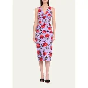 Carolina Herrera Rose-print Gathered Silk Sleeveless Dress