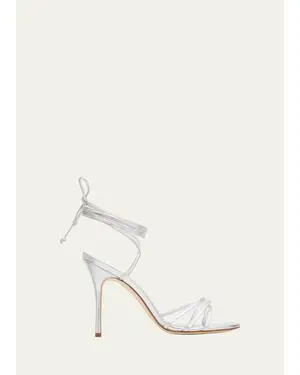 Manolo Blahnik 105mm Leva Metallic Leather Ankle-tie Sandals - Silver