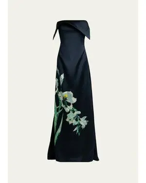 Erdem Floral Duchess Satin Strapless Gown