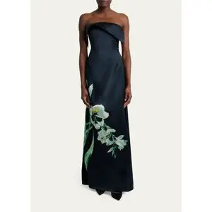 Erdem Floral Duchess Satin Strapless Gown