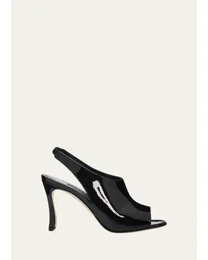 Manolo Blahnik 90mm Minufle Patent Leather Slingback Sandals - Black