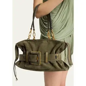 Balmain Anthem Belted Shoulder Bag In Suede - Khaki