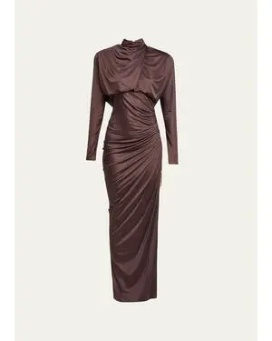 Balmain Strong-shoulder Jersey Ruched Slit Maxi Dress