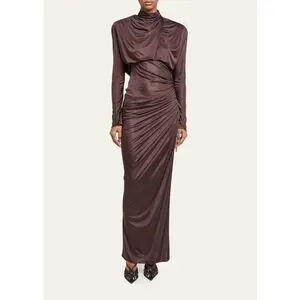 Balmain Strong-shoulder Jersey Ruched Slit Maxi Dress