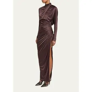 Balmain Strong-shoulder Jersey Ruched Slit Maxi Dress
