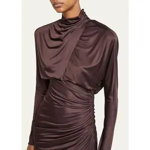 Balmain Strong-shoulder Jersey Ruched Slit Maxi Dress