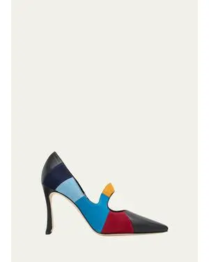 Manolo Blahnik 105mm Difusa Colorblock Mixed Leather Pumps - Black Multi
