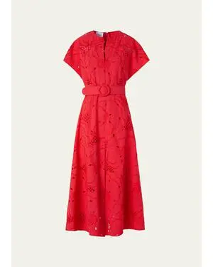 Akris Floral Eyelet Embroidered Short-sleeve Belted Midi Dress - Red