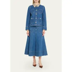 Cinq À Sept Dalton Floral-collar Denim Jacket