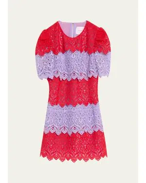 Carolina Herrera Tiered Colorblock Lace Short-sleeve Mini Dress