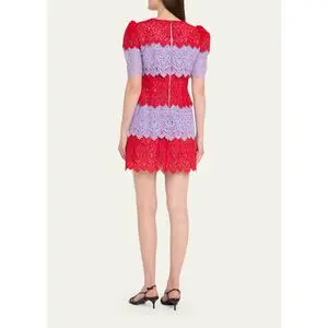 Carolina Herrera Tiered Colorblock Lace Short-sleeve Mini Dress