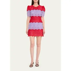 Carolina Herrera Tiered Colorblock Lace Short-sleeve Mini Dress