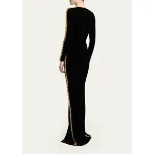 Balmain Long-sleeve Beaded Velvet Maxi Dress