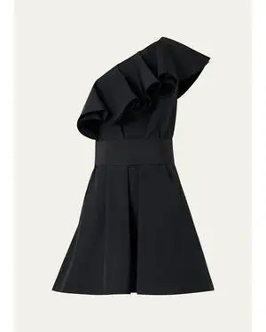 Akris Ruffle One-shoulder Belted Mini Dress - Black