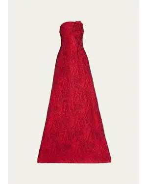 Rickie Freeman For Teri Jon Strapless Floral Jacquard A-line Gown - Red