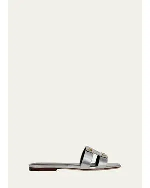 Veronica Beard Via Metallic Leather Flat Slide Sandals - Silver