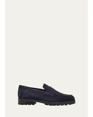 Santoni Rock Suede Lug Sole Penny Loafers