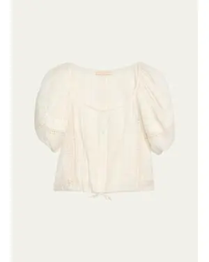 Ulla Johnson Clara Embroidered Short-sleeve Cotton Blouse - Pristine