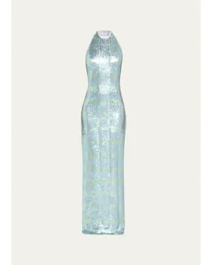 MARKARIAN Nerine Gingham Sequined Halter Column Gown
