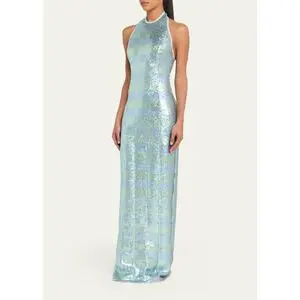 MARKARIAN Nerine Gingham Sequined Halter Column Gown