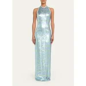 MARKARIAN Nerine Gingham Sequined Halter Column Gown