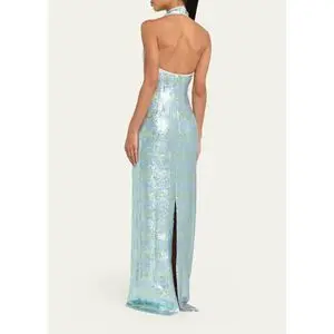 MARKARIAN Nerine Gingham Sequined Halter Column Gown
