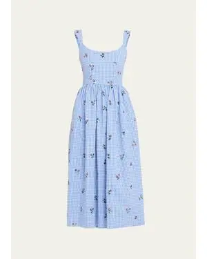MARKARIAN Nara Sequin Embroidered Check Fit-and-flare Midi Dress - Blue Gingham