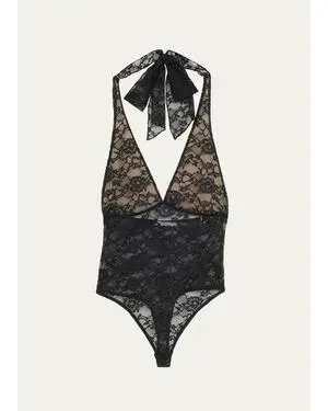 Alice + Olivia Lina Plunging V Lace Bodysuit - Black