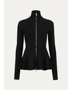 Alaïa Wool-blend Rib Peplum Zip Cardigan - Noir