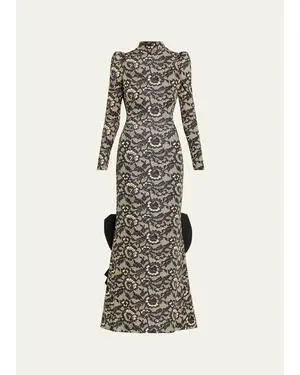 Marc Jacobs Lace-print Sculptural Long-sleeve Bow Trumpet Gown
