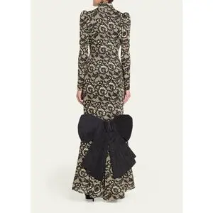 Marc Jacobs Lace-print Sculptural Long-sleeve Bow Trumpet Gown