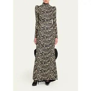Marc Jacobs Lace-print Sculptural Long-sleeve Bow Trumpet Gown