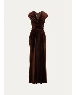 Monique Lhuillier V-neck Gathered Stretch Velour Column Gown