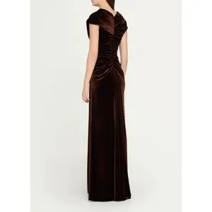 Monique Lhuillier V-neck Gathered Stretch Velour Column Gown