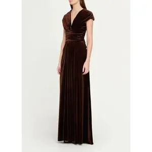 Monique Lhuillier V-neck Gathered Stretch Velour Column Gown