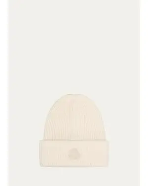 Moncler Cashmere Ribbed Leather-label Beanie Hat - Ivory