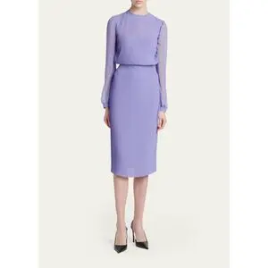 TOM FORD Plisse Chiffon Long-sleeve Midi Dress