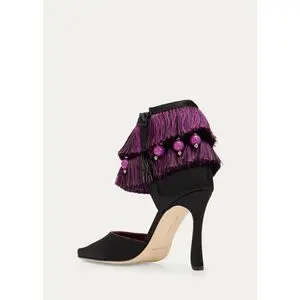 Manolo Blahnik 105mm Sorolla Satin Fringe Ankle-strap Pumps