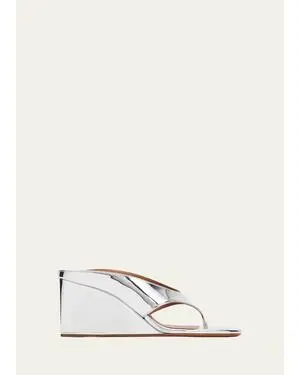 Alaïa 90mm Metallic Leather Wedge Thong Sandals