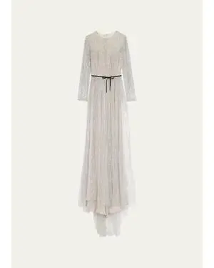 Monique Lhuillier Embellished Tulle Long-sleeve Illusion Gown - Silver/smoke