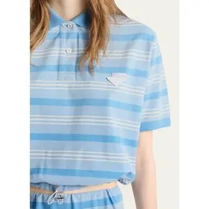 Prada Cropped Striped Piqué Polo Shirt - Celeste